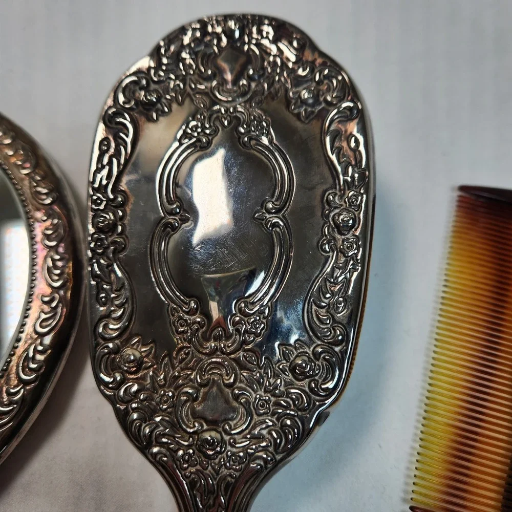 Bath | Vintage Silver Plated Repousse Hand Mirror Brush And Comb Set Of ...